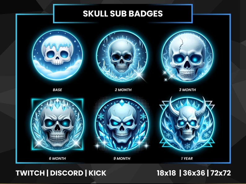 Icy Blue Skull Sub Badges: Twitch, Discord, Kick Streamer Icons - Etsy