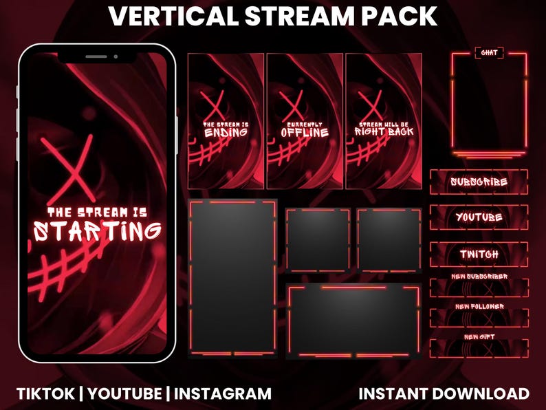 Edgy Vertical Stream Overlay Pack | Red Grunge OBS Stream Graphics ...