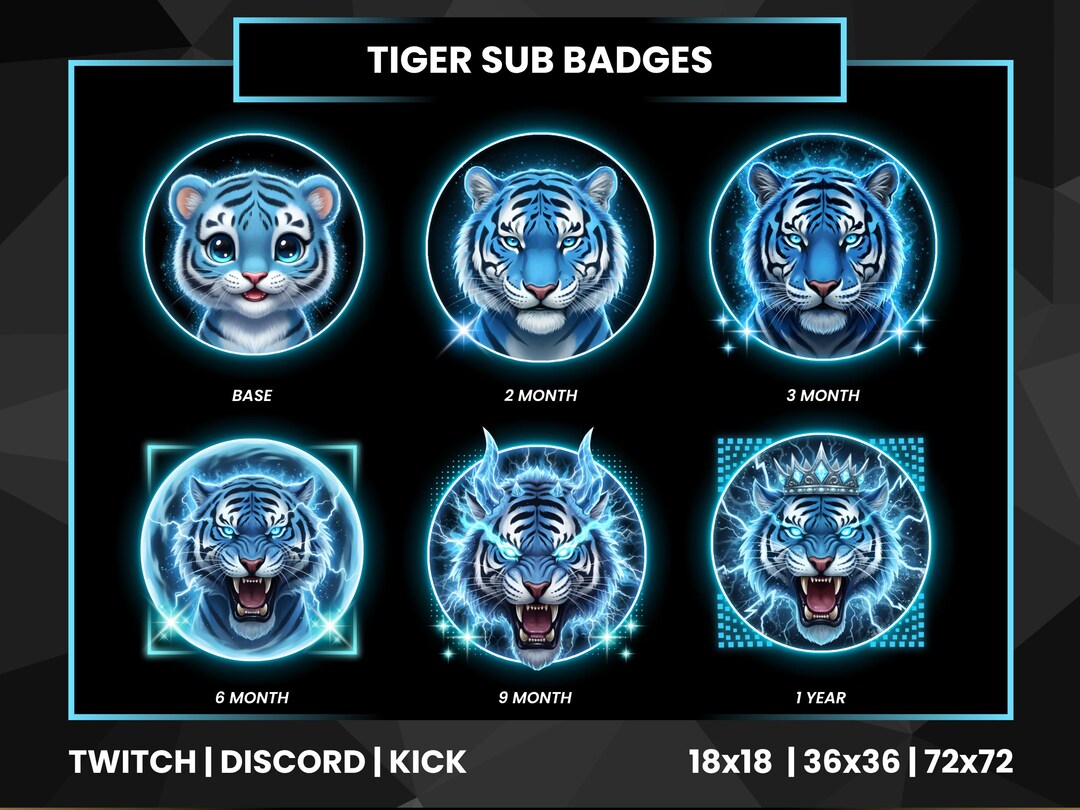 Blue Tiger Sub Badges for Twitch, Kick & Discord | Ferocious Neon Tiger ...
