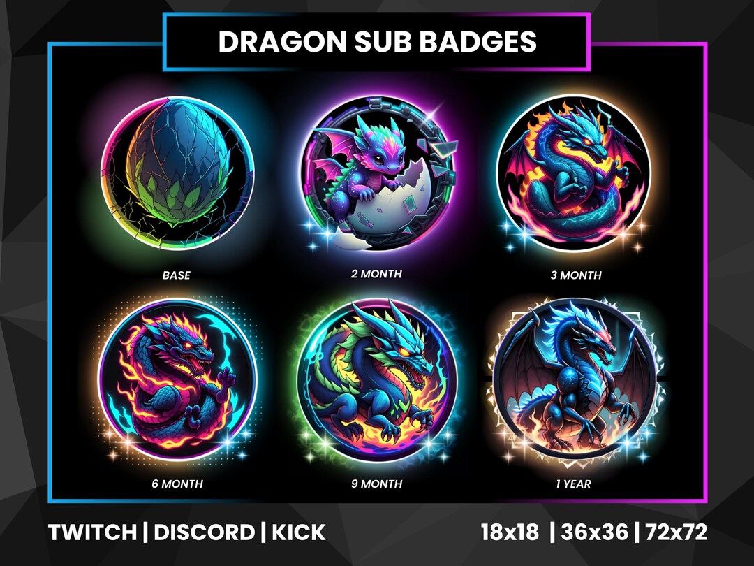 Dragon Sub Badges for Twitch Discord Kick – 1 Year Evolving Badge Set ...