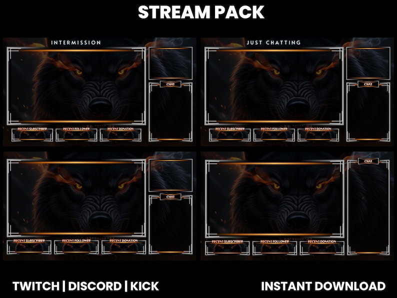Dark Wolf Stream Overlay Pack for Twitch Kick OBS Streamlabs | Animated ...