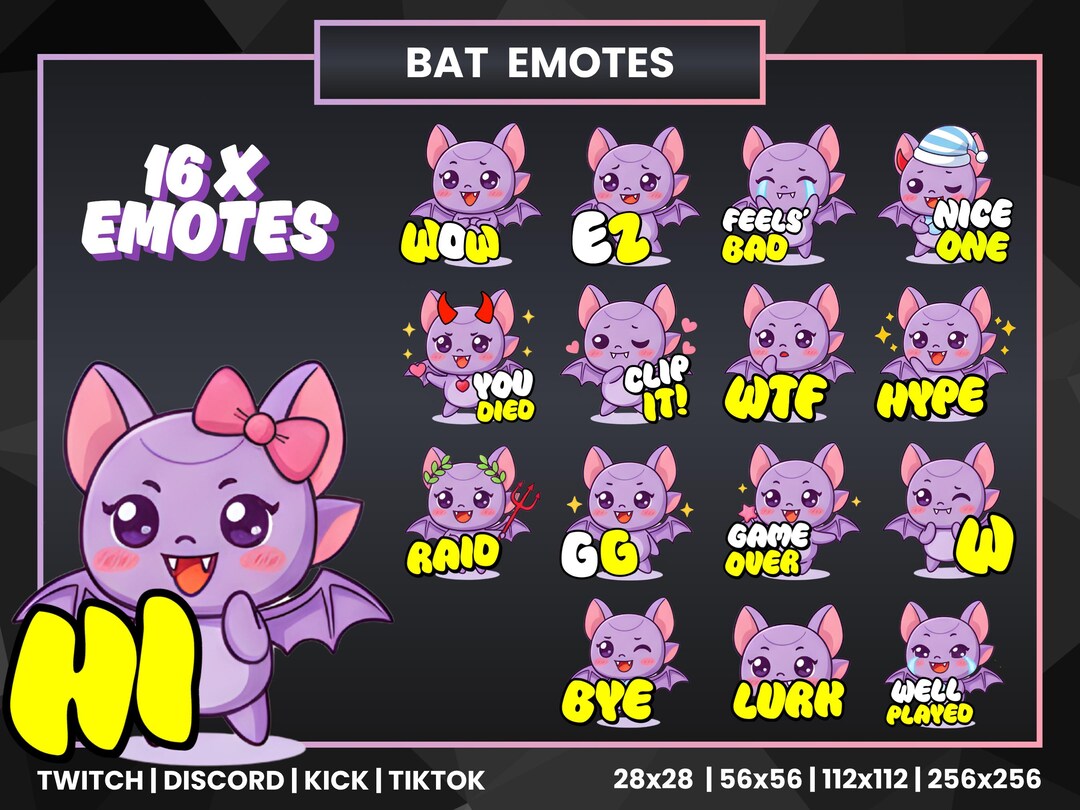 Adorable Bat Twitch Emotes Pack | 16x Cute Bat Stream Emotes | Kick ...
