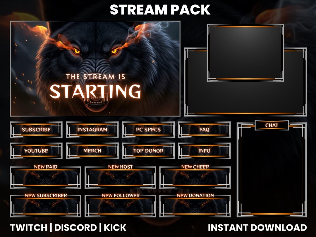 Dark Wolf Stream Overlay Pack for Twitch Kick OBS Streamlabs | Animated ...