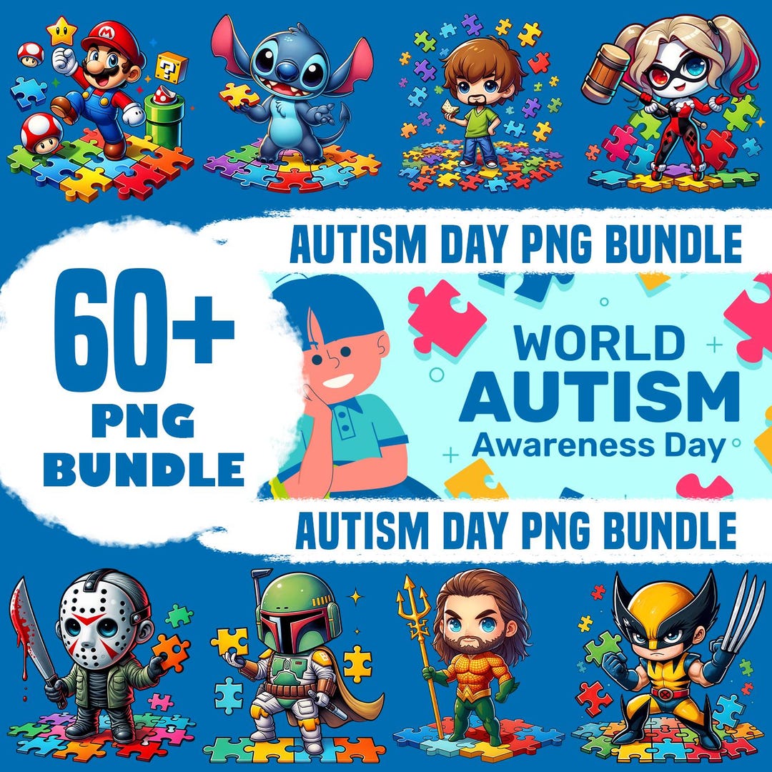 60+ Movies & Cartoon Characters in Autism Awareness PNG Bundle, Puzzle ...