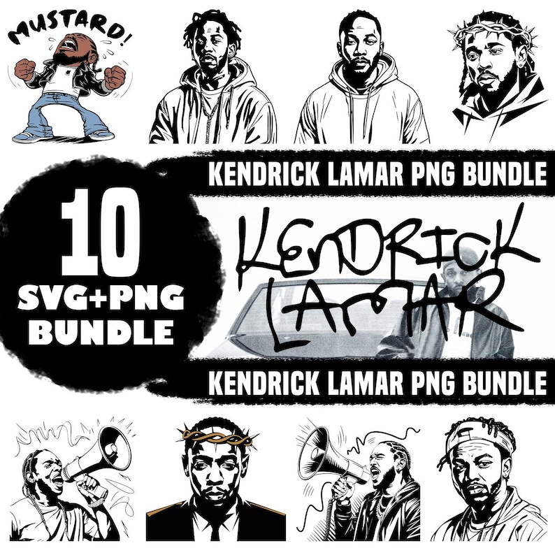 Kendrick Lamar Digital Art Bundle, 10 SVG & PNG Files, High-res Rapper ...