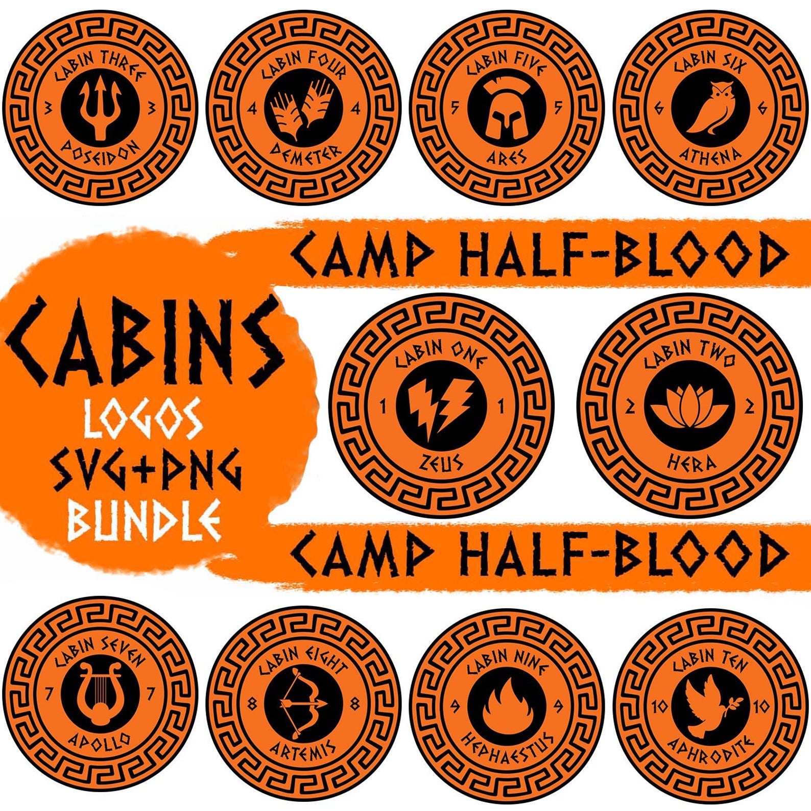Camp Half-blood Cabin Logos PNG SVG Bundle | Greek Mythology Cabin ...