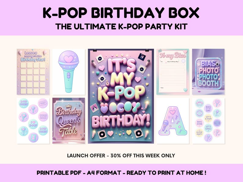 K-pop Birthday Printable Party Kit – Banner, Invitations, Cupcake ...