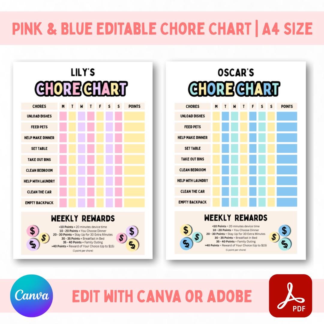 Chore Chart for Kids | Editable Daily Chore Chart | Canva Template ...