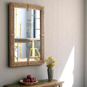 Rustic Rope Wall Mirror Handwoven Nautical Frame Rectangular Coastal ...