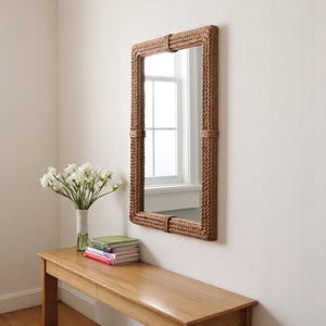 Rustic Rope Wall Mirror Handwoven Nautical Frame Rectangular Coastal ...