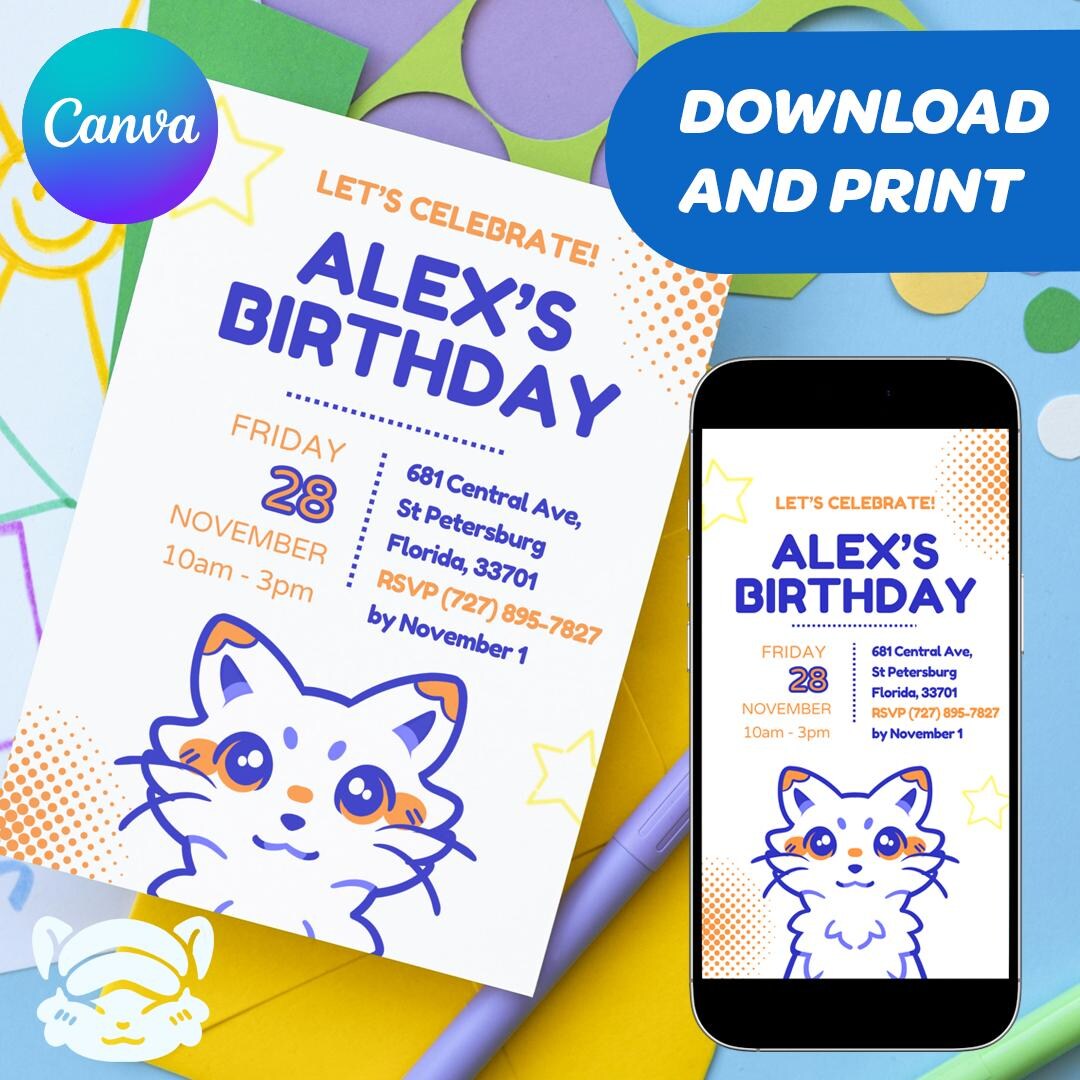 Star Space Cat Birthday Invitation | Little Girl or Boy Invite ...
