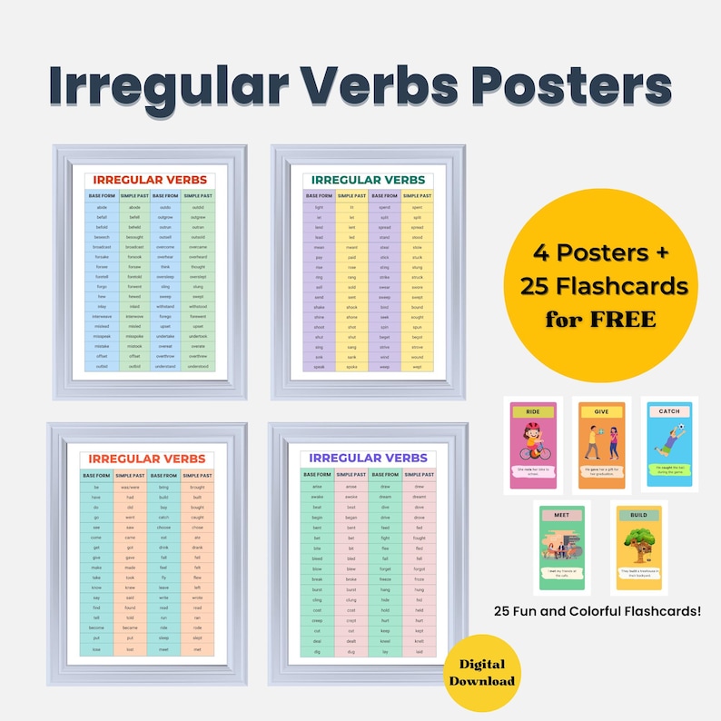 Irregular Verbs Posters Bundle With Flashcards | ESL Classroom Decor ...