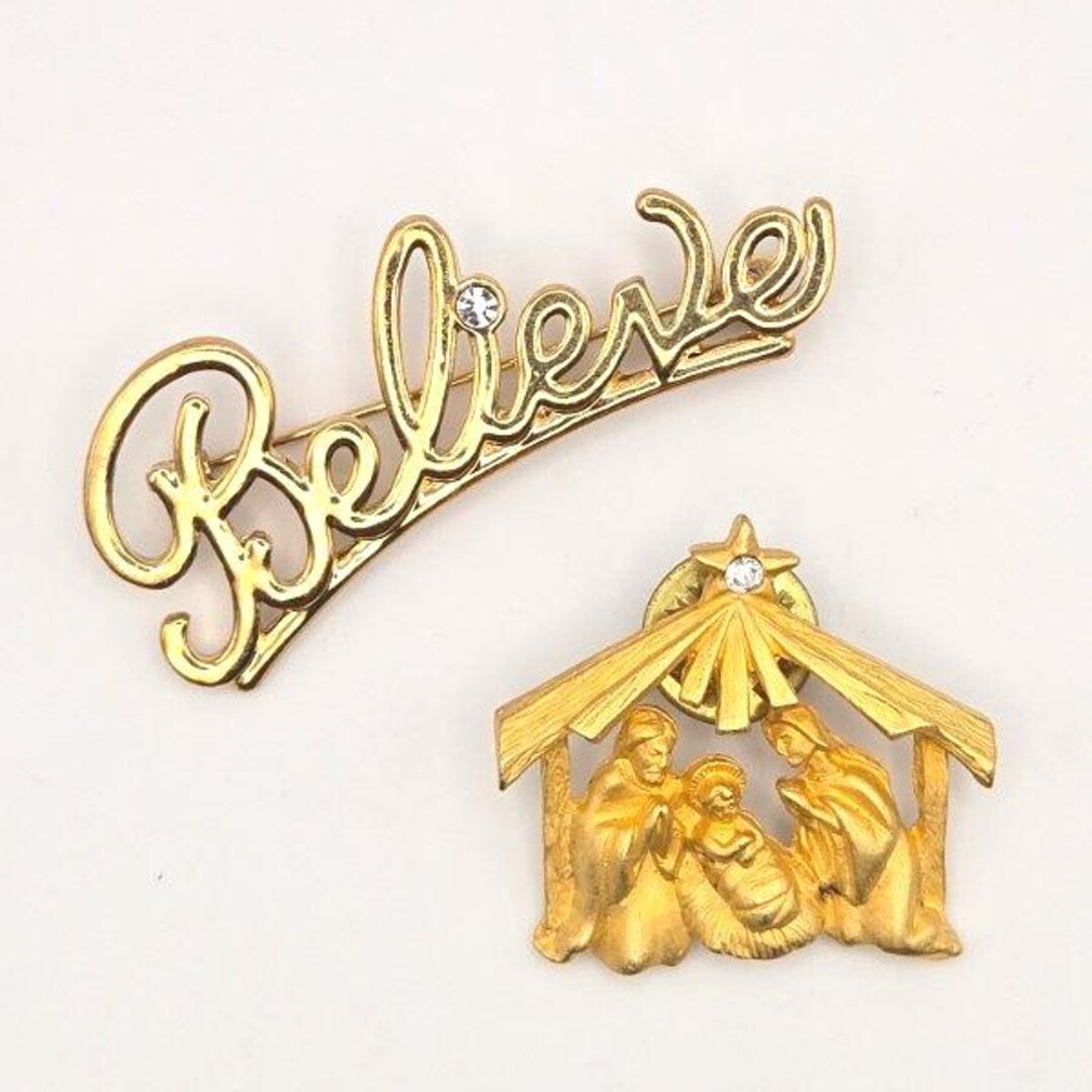 Gold Tone Believe Nativity Scene Brooch Pin Christmas Holiday Jewelry ...