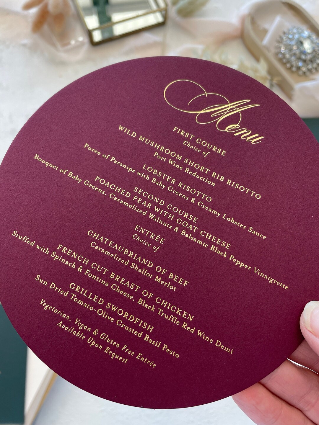 Circle Wedding Menu With Foil Burgundy or Any Color Style - Etsy