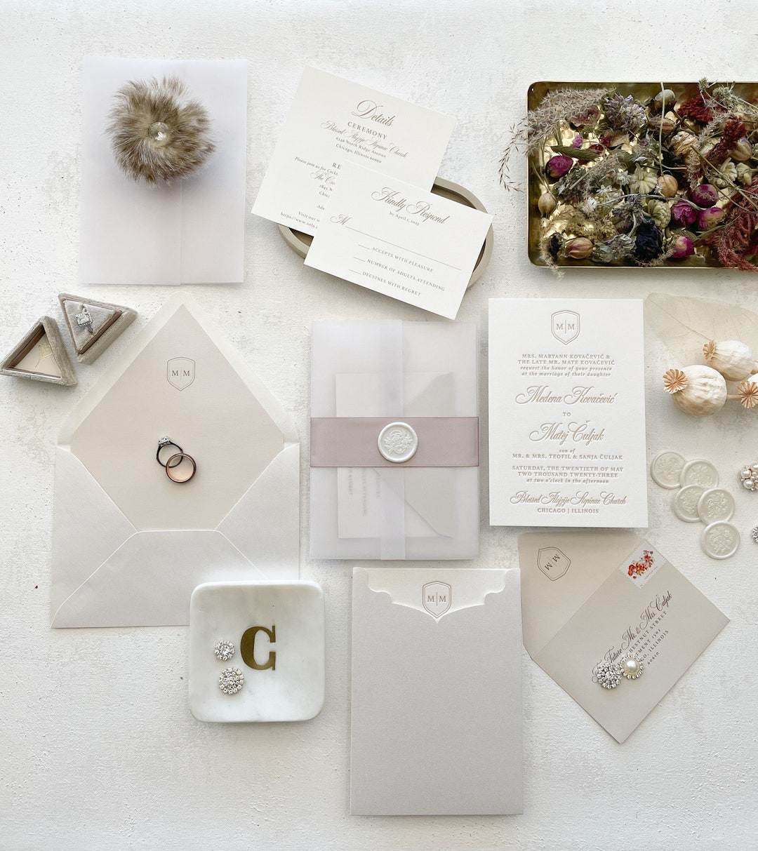 Letterpress Wedding Invitations Formal Invites Neutrals Sleeve Style ...