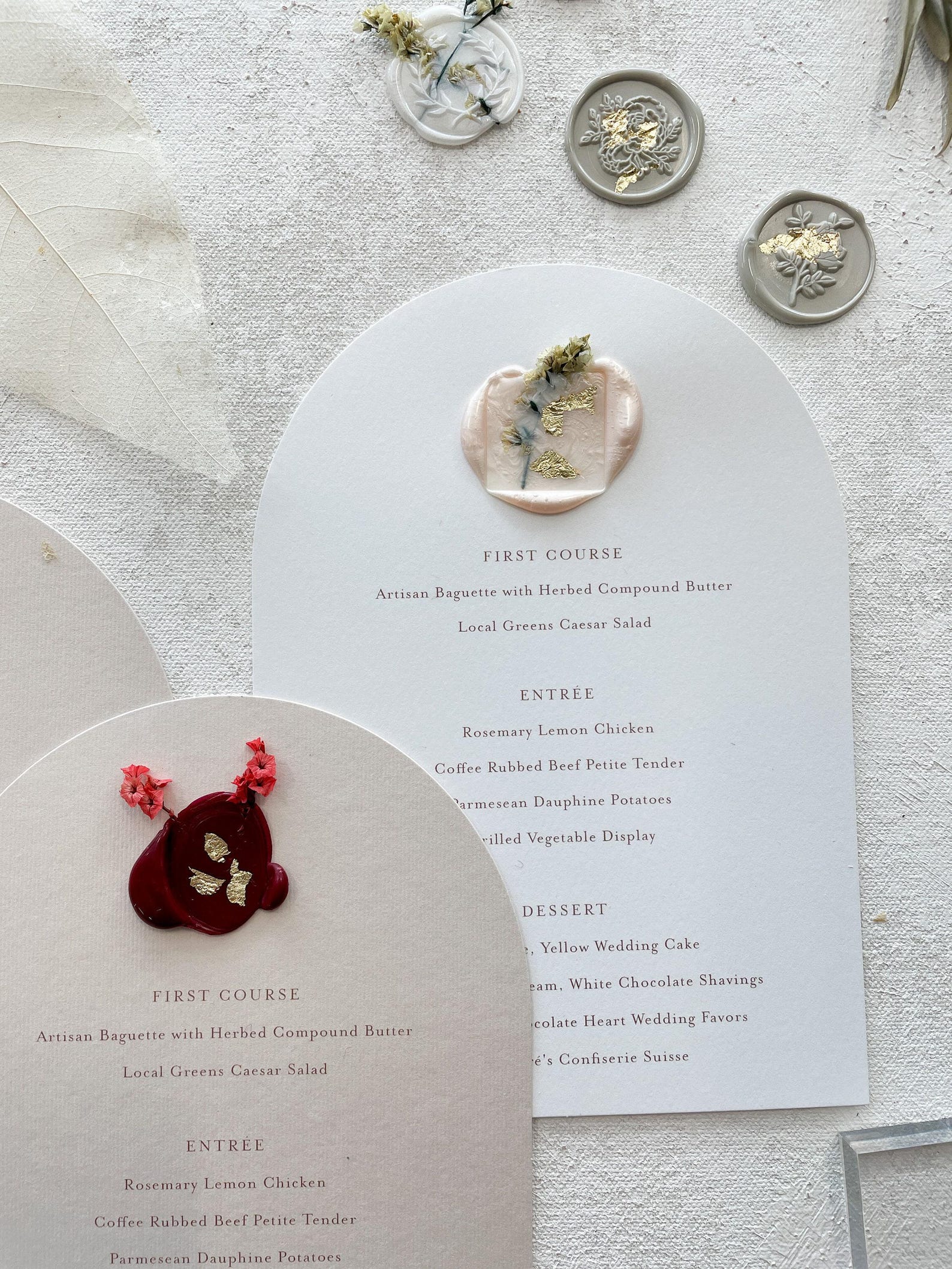 Arch Wedding Menus With Names | Menu Place Cards With Botanical Wax ...