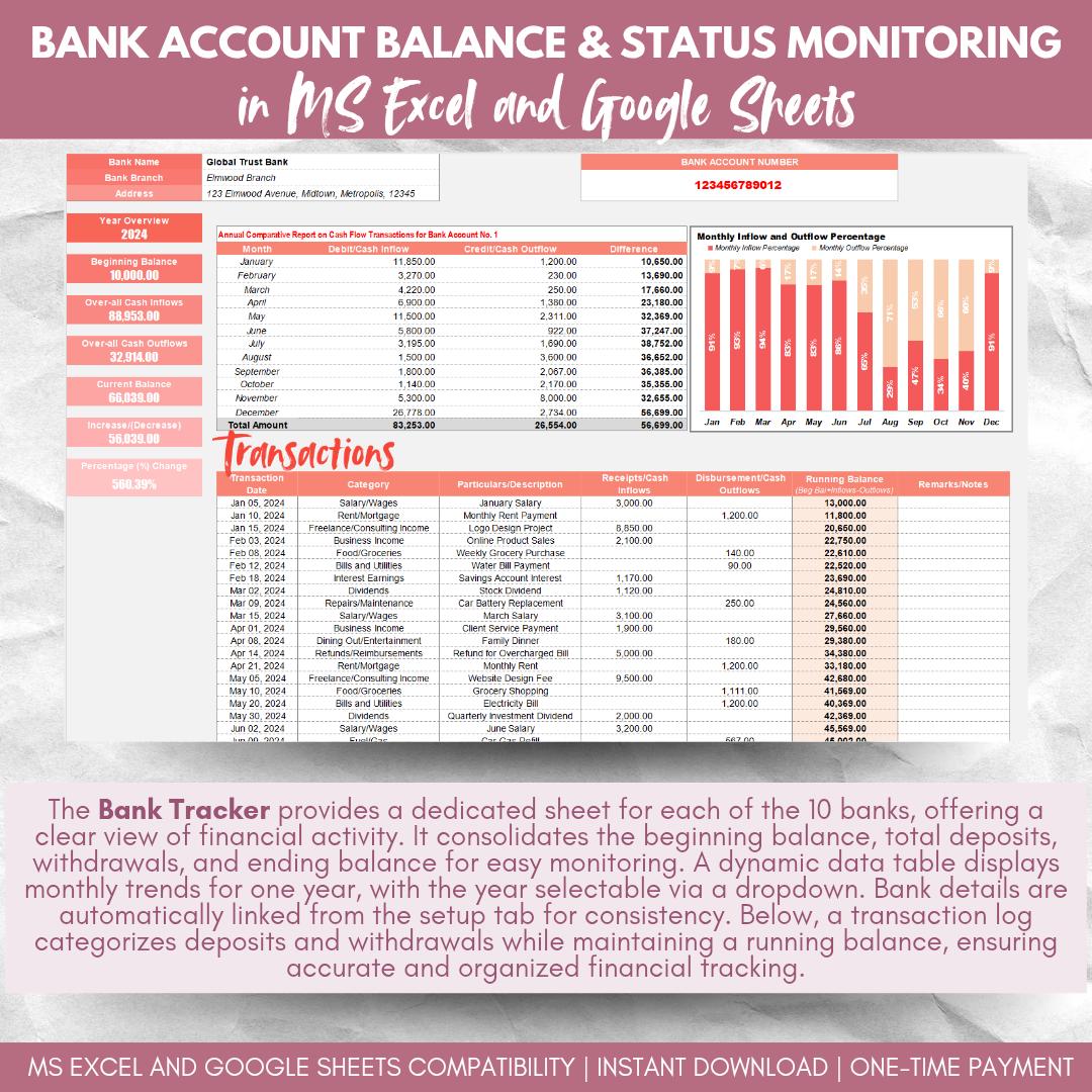Bank Account Balances and Status Monitoring Tracker | 10 Bank Accounts ...