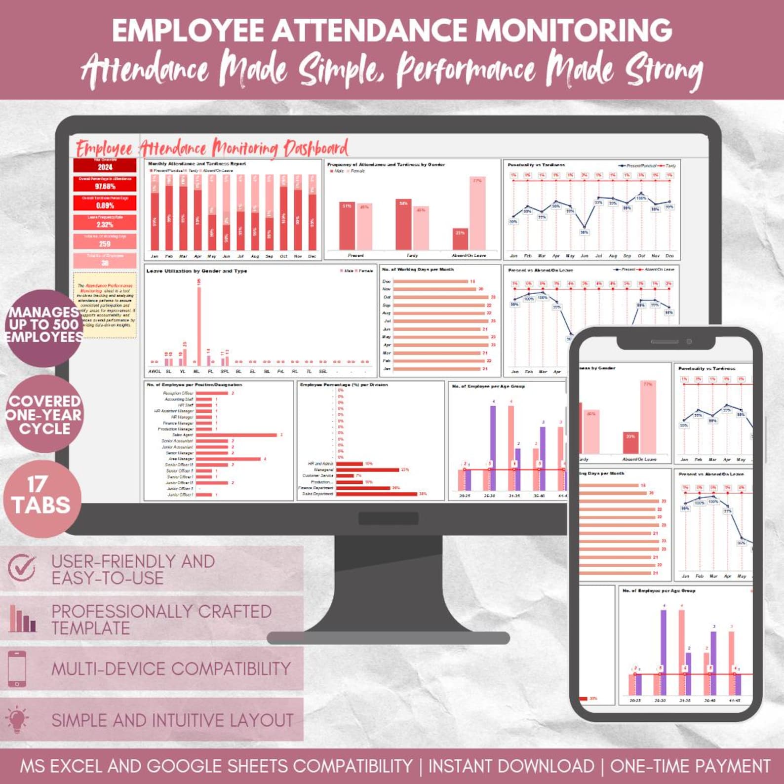 Employee Attendance Monitoring | Upto 500 Employees | MS Excel & Google ...