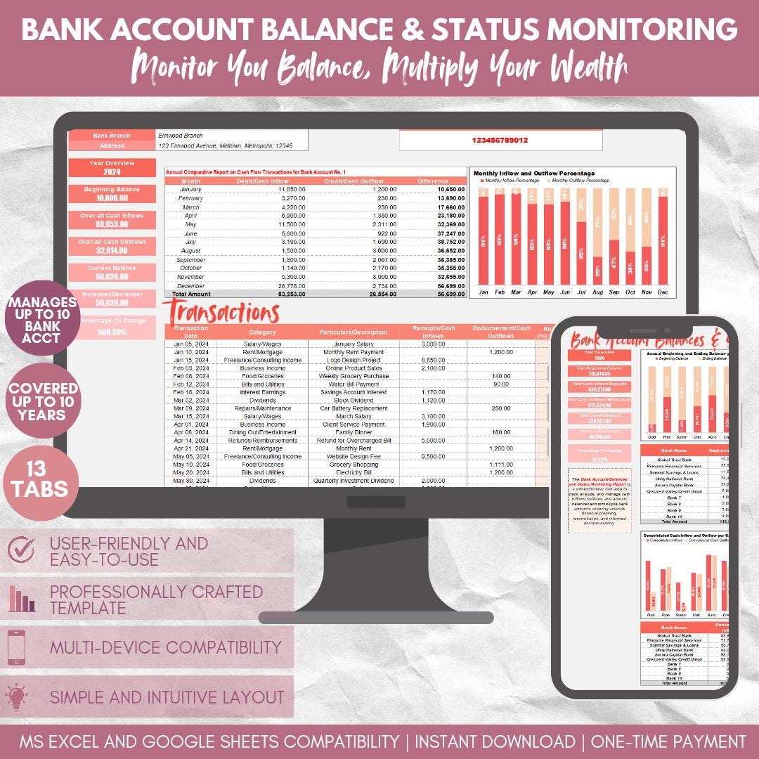 Bank Account Balances and Status Monitoring Tracker | 10 Bank Accounts ...