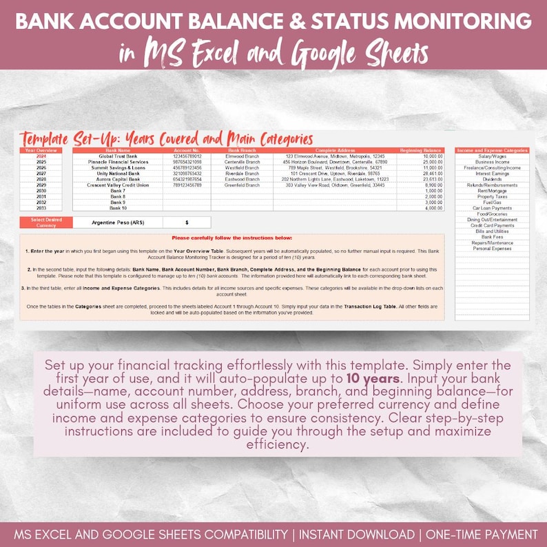 Bank Account Balances and Status Monitoring Tracker | 10 Bank Accounts ...