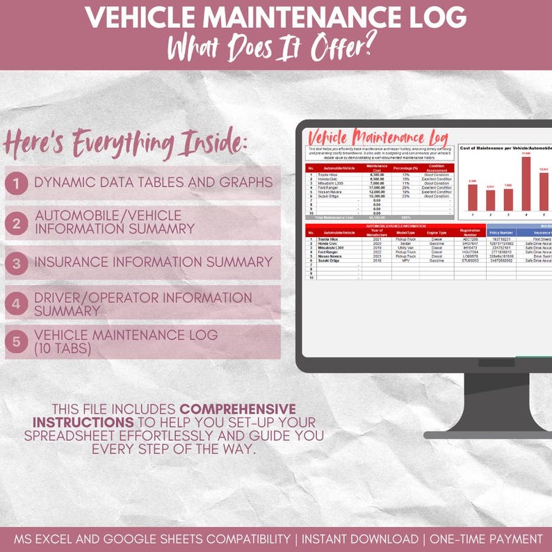 Vehicle Maintenance Log | Tracks up to 10 Vehicles | MS Excel and ...