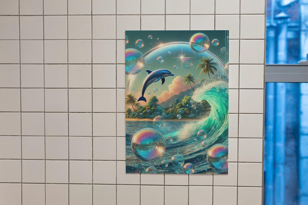 Frutiger Aero Dolphin Poster, Surreal Tropical Ocean Art With Rainbow ...