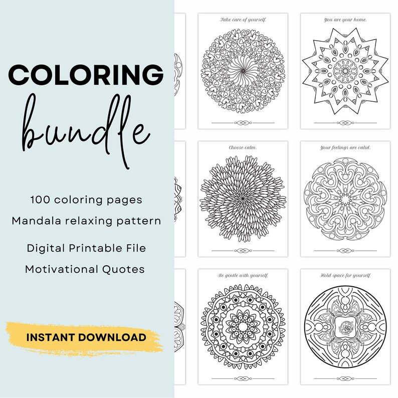 100 Mandala Coloring Pages, Motivational Quote Mandala, Coloring Bundle ...