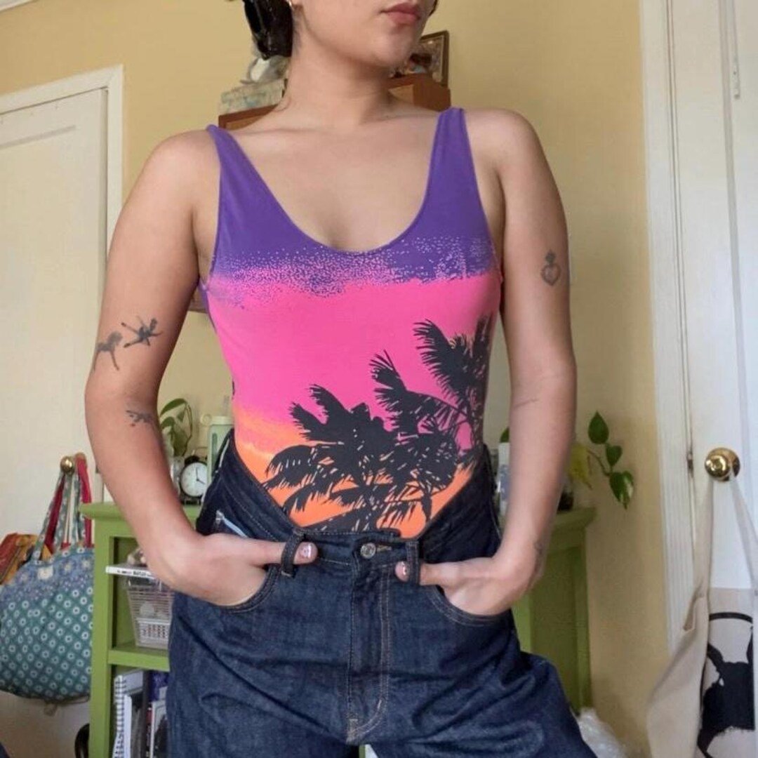 80s Sunset Palmtree Retro Low Back Leotard - Etsy