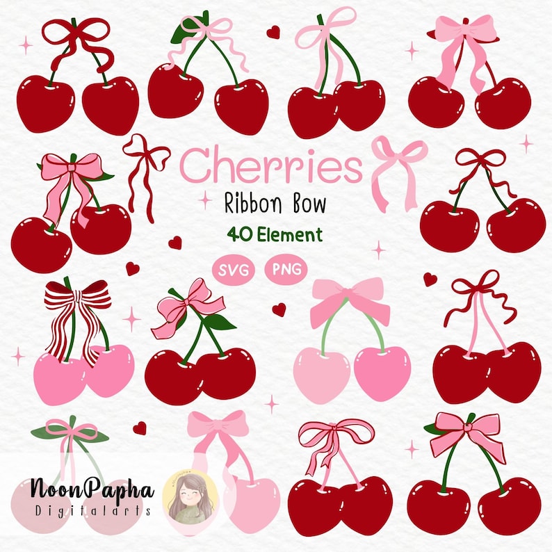 Coquette Cherries With Bow Clipart Set: 40 SVG & PNG Files (digital ...
