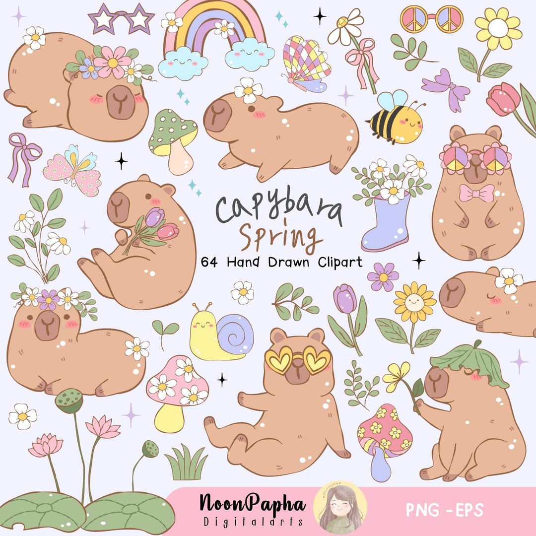 Capybara Spring Clipart Set PNG | EPS Cute Capybaras Surrounded by ...