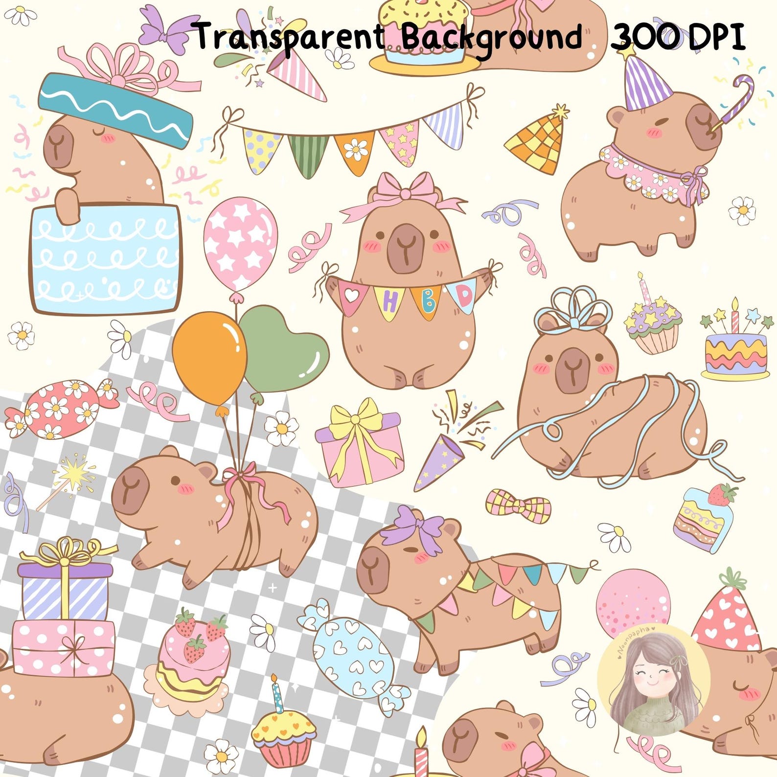 Retro Capybara Birthday Seamless Pattern PNG JPG | Vintage Capybara ...