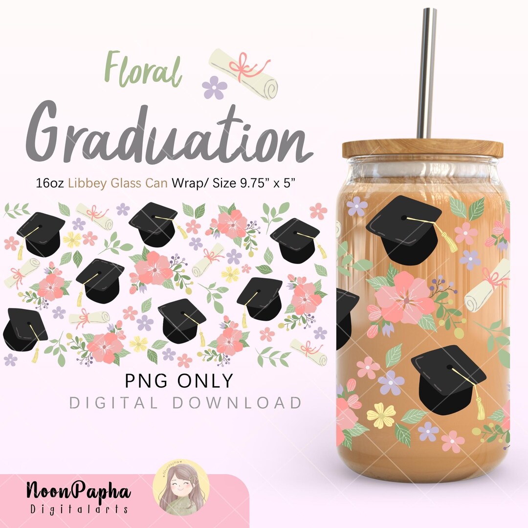 Pink Floral Graduation PNG Libbey Glass Can Wrap, Floral Graduation Cap ...