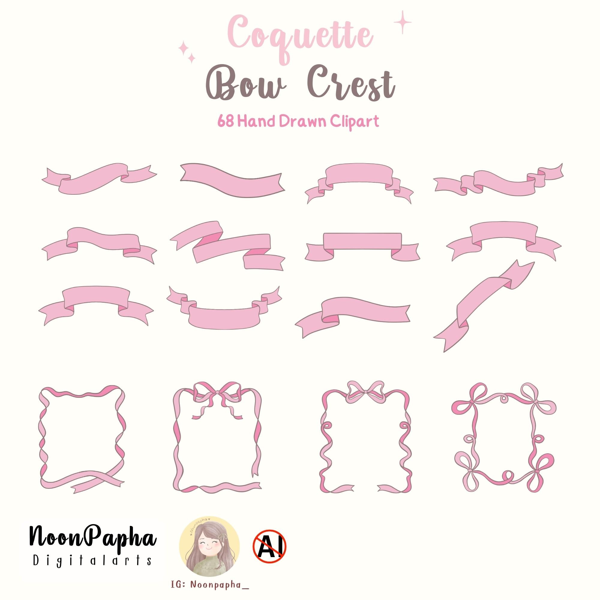 Pink Coquette Ribbon Bow Crest and Frame Doodle SVG PNG Clipart Wedding ...