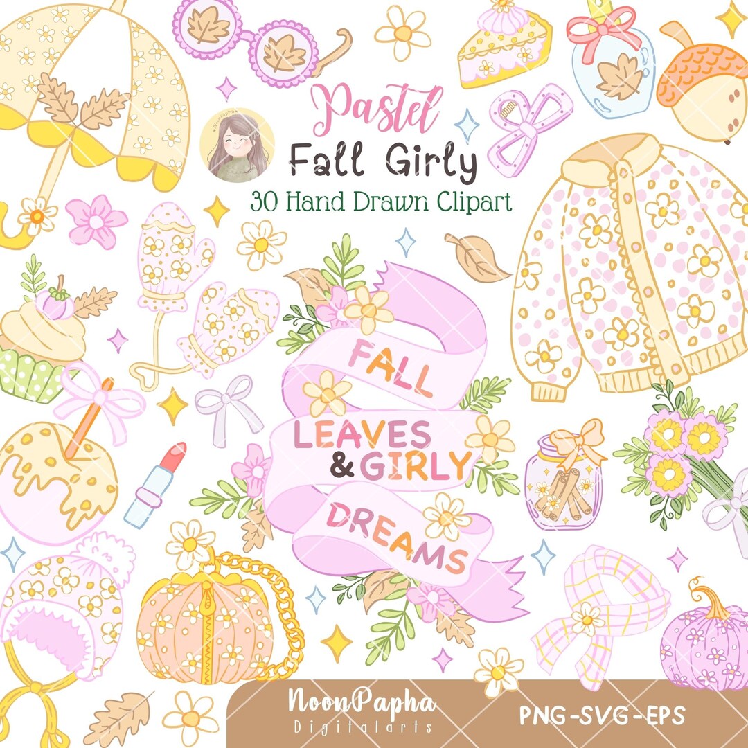 Pastel Fall Clipart Set: Hand-drawn Pumpkin, Floral, and Bow (PNG, SVG ...