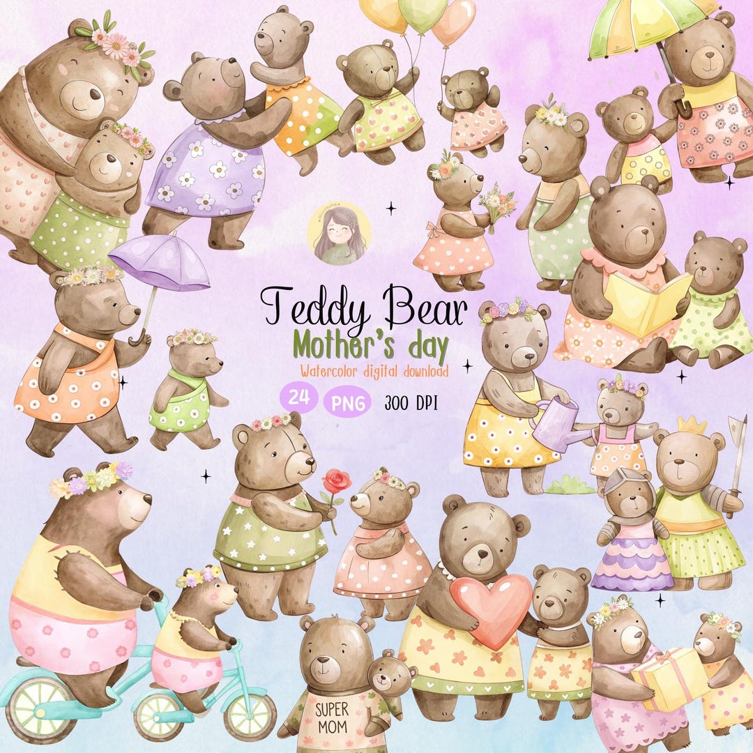 Mothers Day Bear Png Clipart, Mama Bear and Baby Bear PNG Clipart Set ...