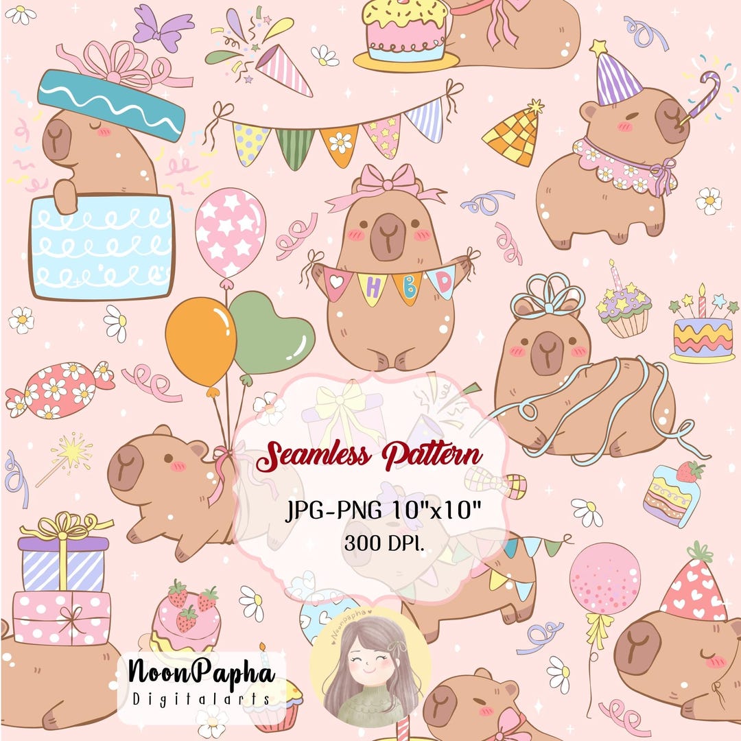 Retro Capybara Birthday Seamless Pattern PNG JPG | Vintage Capybara ...