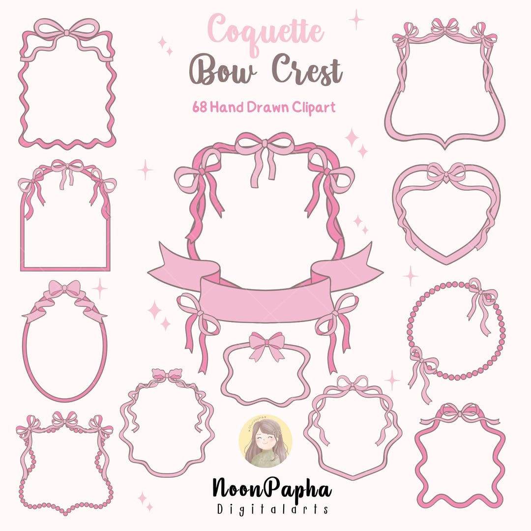 Pink Coquette Ribbon Bow Crest and Frame Doodle SVG PNG Clipart Wedding ...