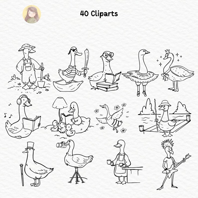 Silly Goose Outline SVG Bundle, Funny Goose Coloring Spring Stamp ...