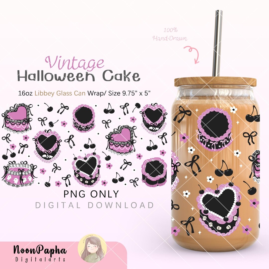 Vintage Halloween Cake Clipart 16oz Libbey Glass Can Wrap PNG | Cute ...