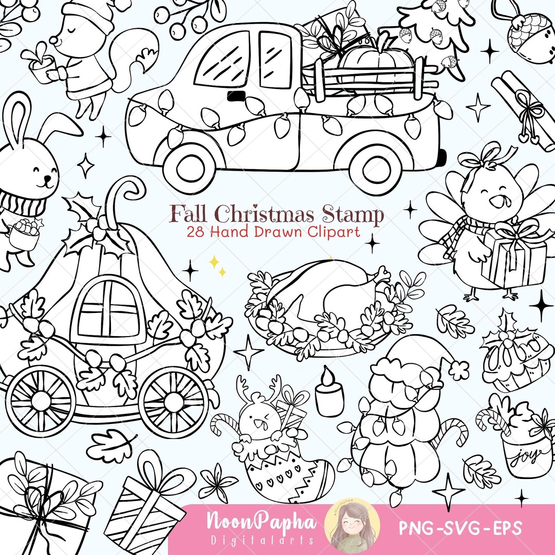 Fall Christmas Clipart: Hand-drawn Pumpkin Carriage, Animals (PNG, SVG ...