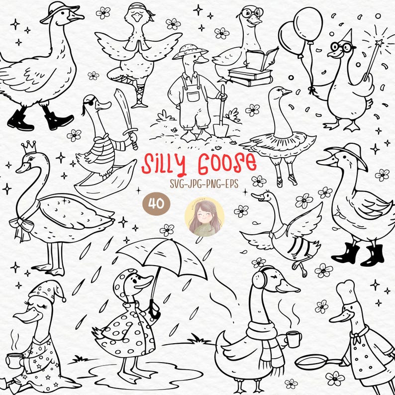Silly Goose Outline SVG Bundle, Funny Goose Coloring Spring Stamp ...