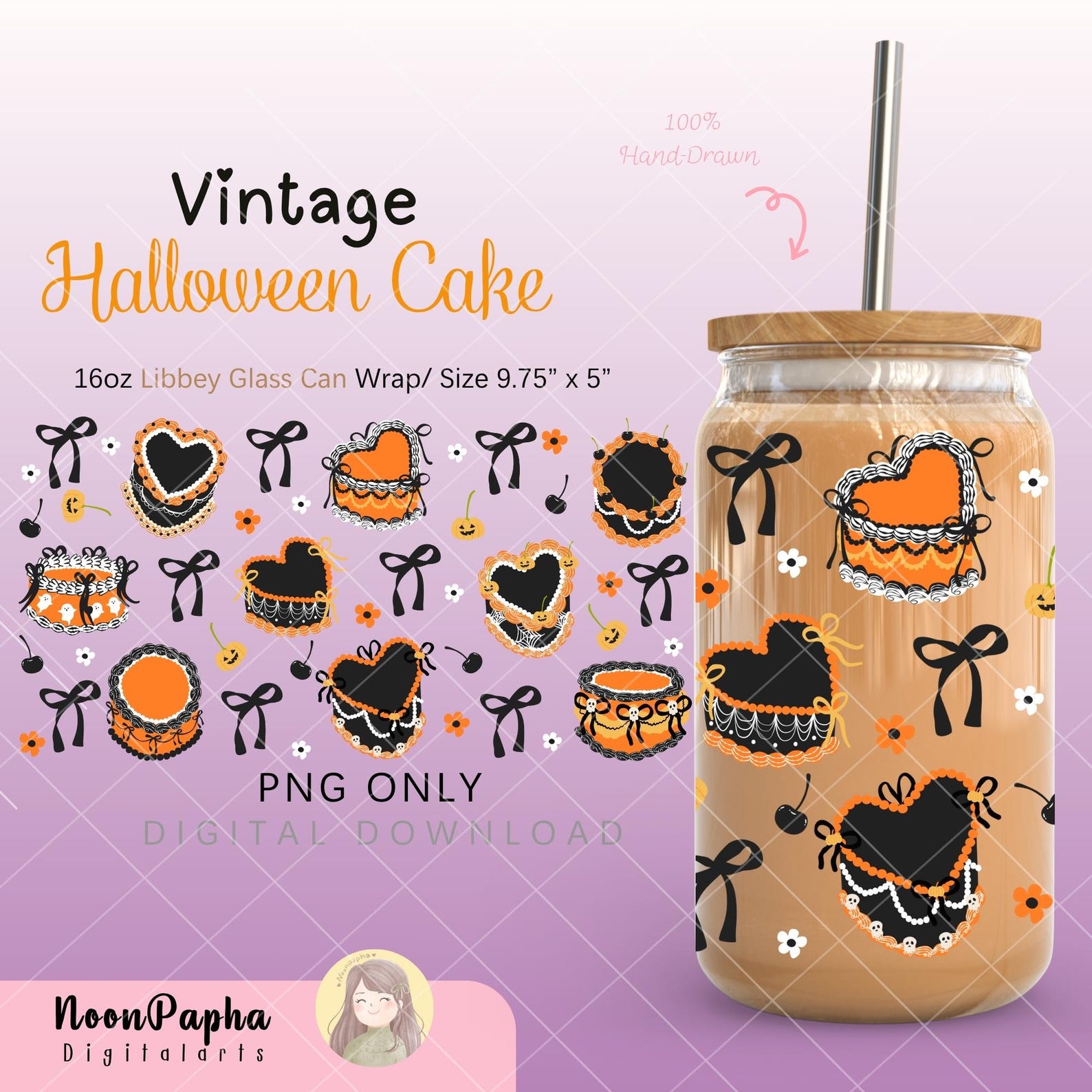 Vintage Halloween Cake Clipart 16oz Libbey Glass Can Wrap PNG | Cute ...