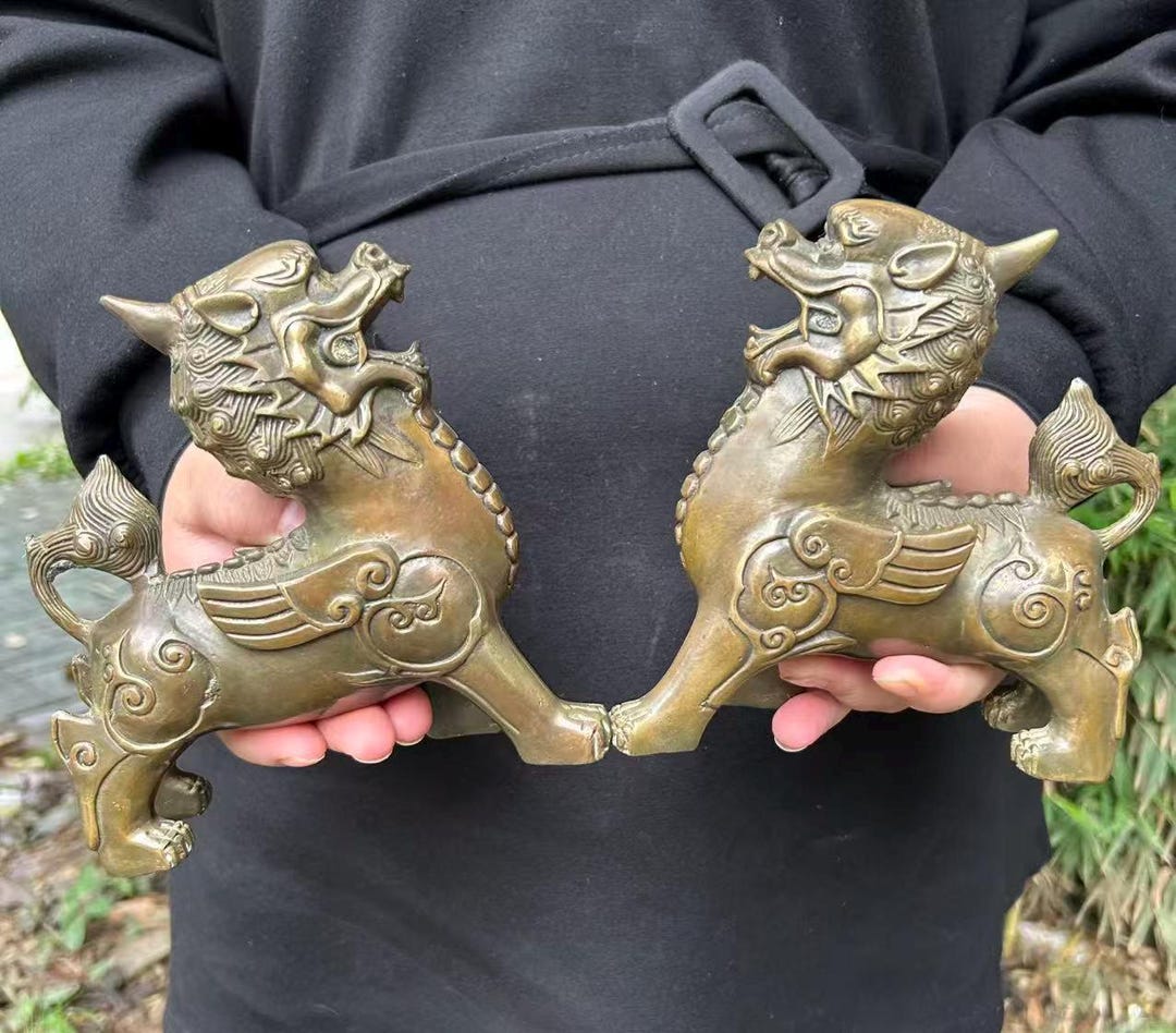 Pair Old Antiques Bronze Fu Foo Dog Guardian Pixiu Statues, Marked ...