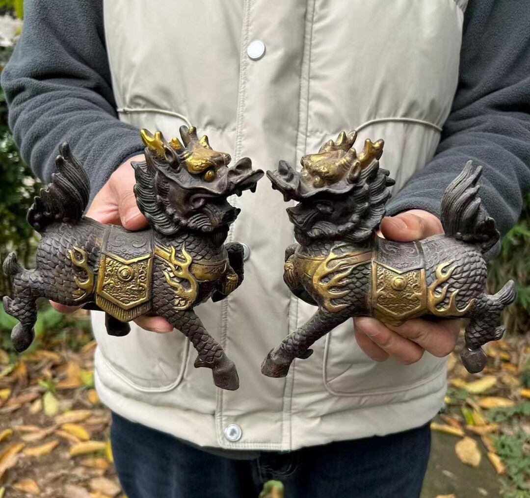 Pair Asian Copper Evil Qilin Dog Lion Statue, Old Antiques Chinese ...