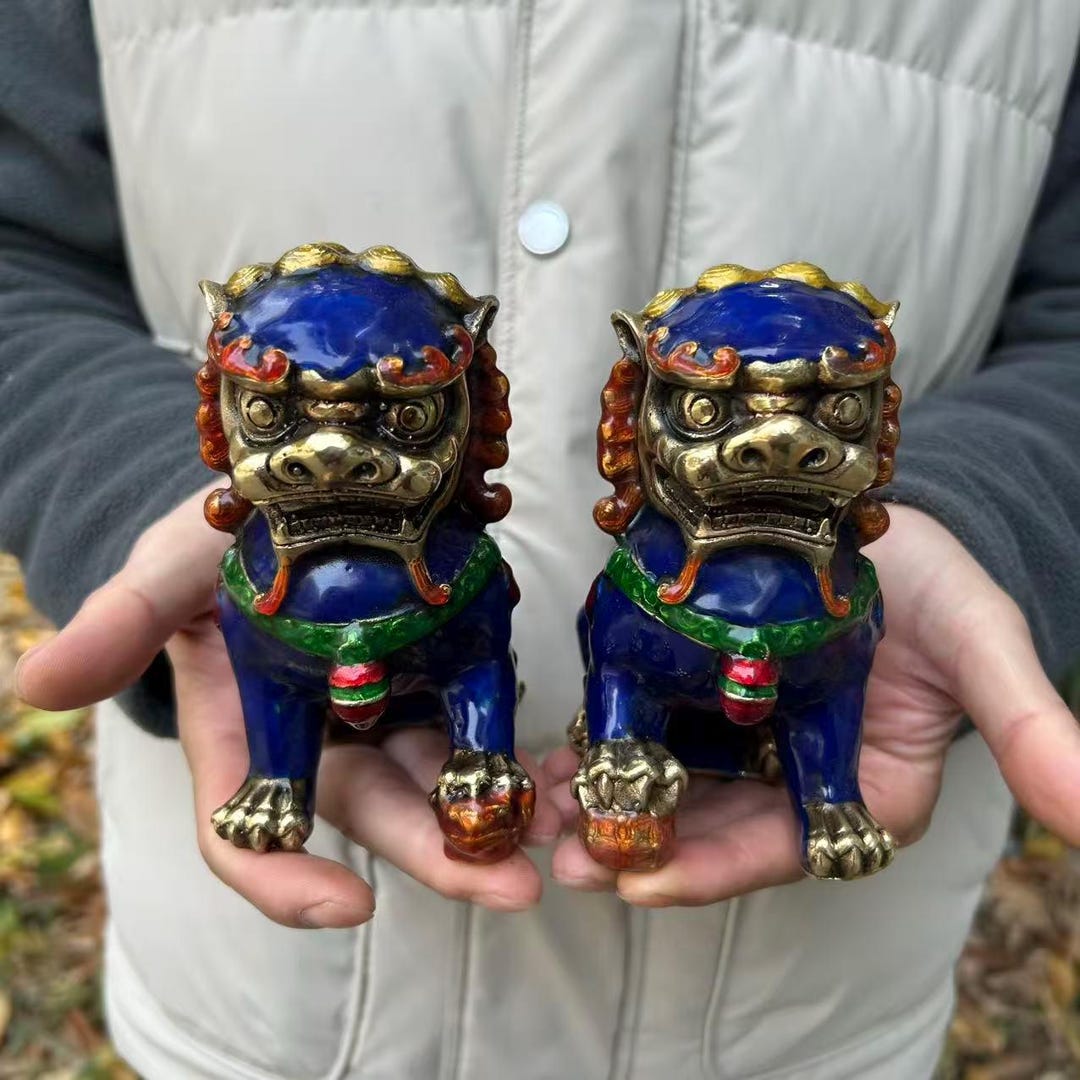 Pair Asian Copper Evil Fu Foo Dog Lion Statue, Old Antiques Chinese ...