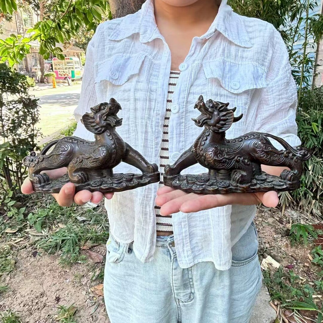 Pair Asian Copper Evil Pixiu Dog Lion Statue , Old Antiques Chinese ...