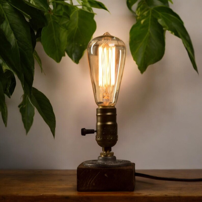 Rustic Industrial Edison Table Lamp Handmade Wood Base Vintage Light ...
