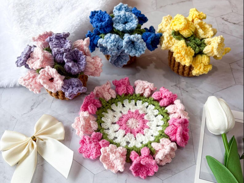 Handmade Crochet Flower Coaster With Basket Set,crocheted Lily of the ...