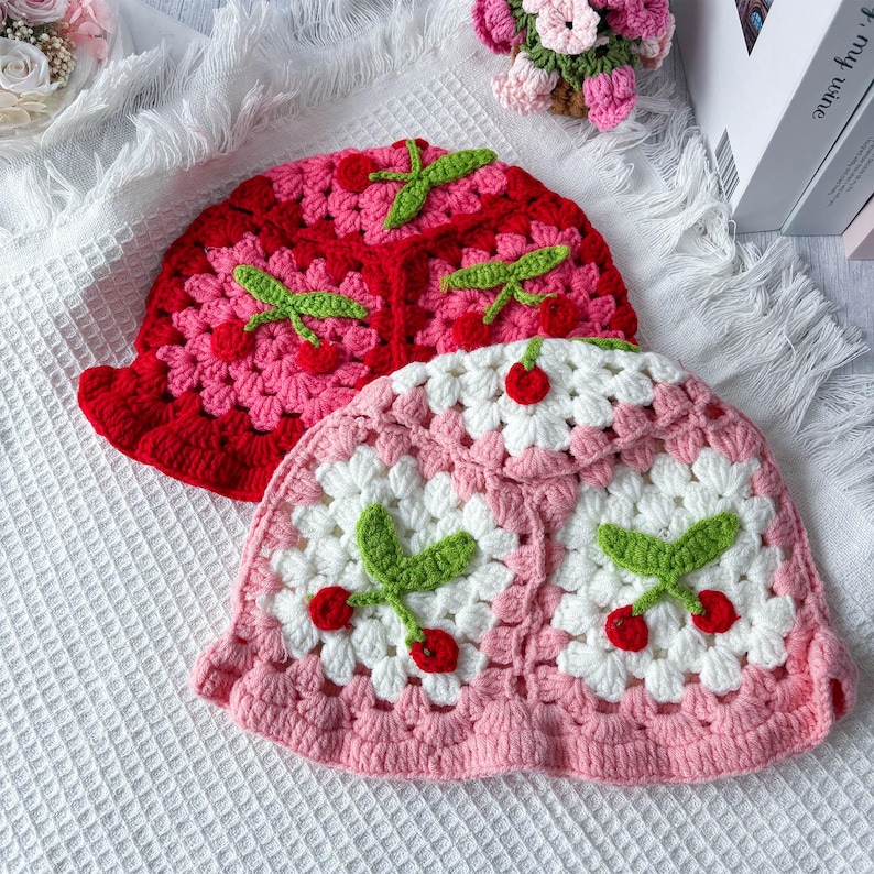Cherry Crochet Hat, Crocheted Berry Hat With Ruffled Brim Hat, Cute Red ...
