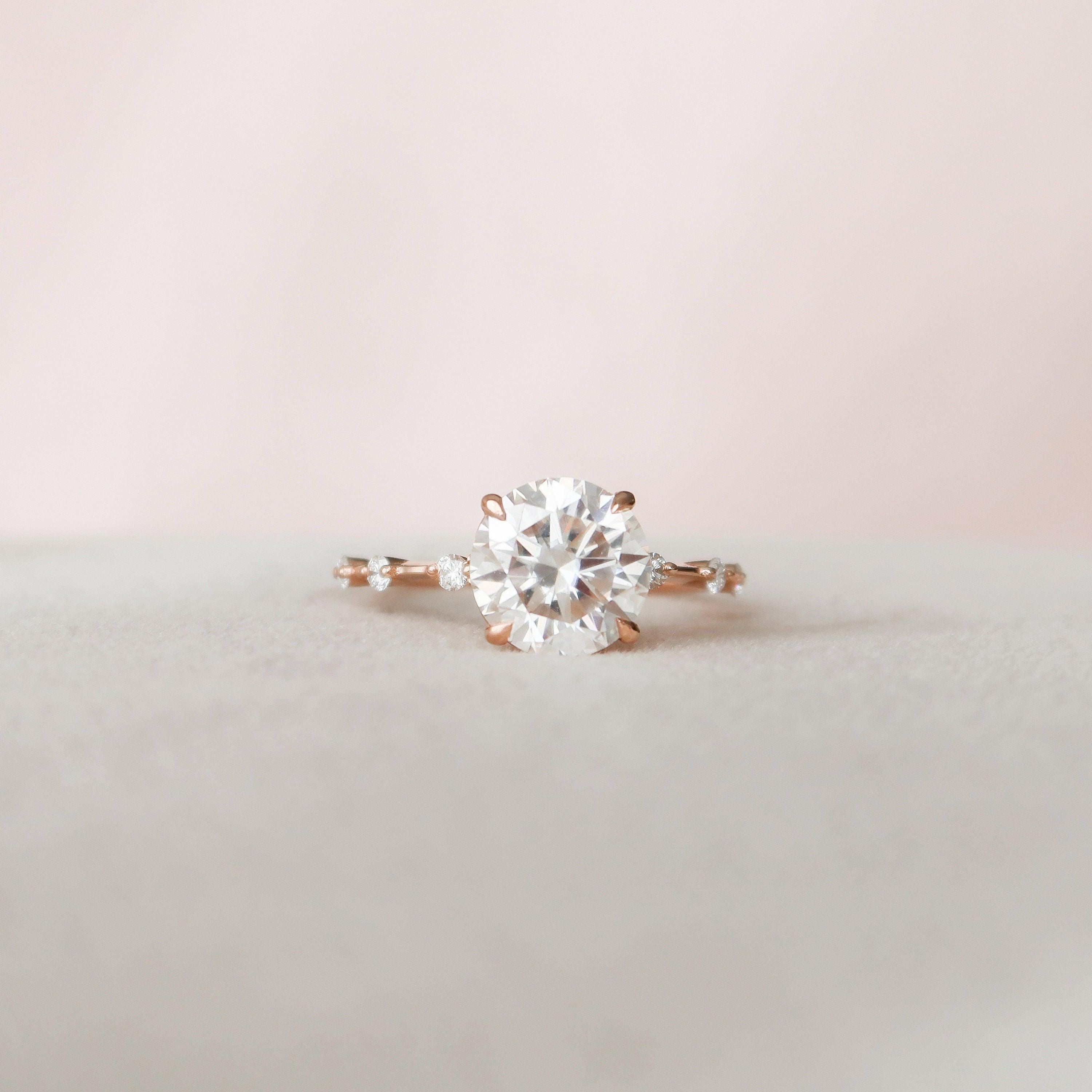Round Cut Moissanite Engagement Ring, Flush Set Round Side Diamond Ring ...